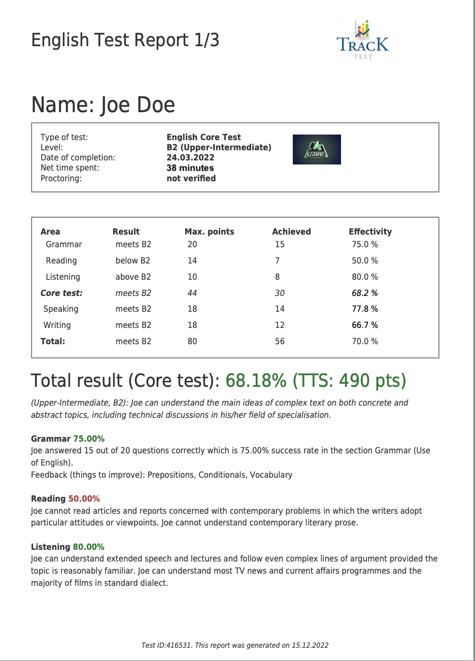 English language certificate - Tracktest English